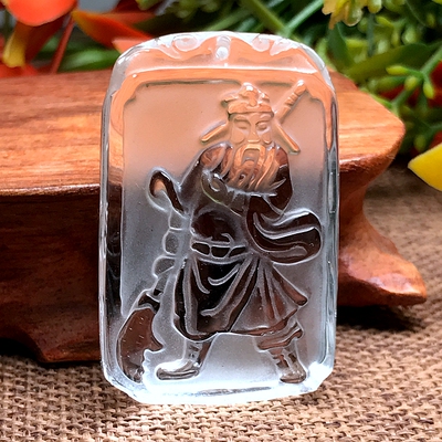 天然白水晶关公吊坠原石雕刻项坠
