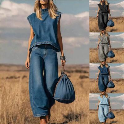 UOOZEE Women's 2 Piece Sets Simple Vintage Denim Outfit