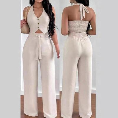 Women's Solid Sleeveless Crop Cami Top & Wide Leg Pants Set