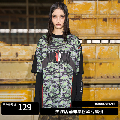 BLINDNOPLAN绿迷彩网布拼色短袖