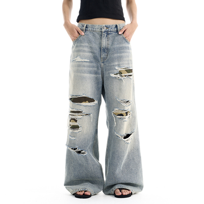 EXITMODE BY BLINDNOPLAN 25AW 破洞迷彩贴布水洗怀旧蓝牛仔裤