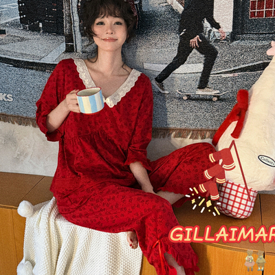Gill Aimar小熊家睡衣女夏甜美碎花花边红色本命年薄款家居服套装