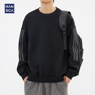 条纹拼接圆领加绒卫衣男秋冬加厚