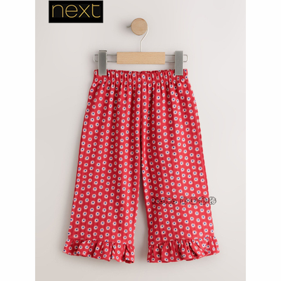 Next英国女童红色花朵长裤休闲全棉阔腿裤荷叶边1-7岁新款H98-384
