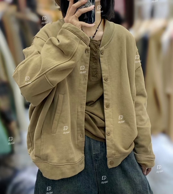 7309秋冬新款宽松显瘦纯色长袖外套上衣复古文艺加绒加厚圆领外套