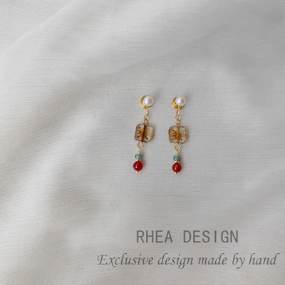 原创设计复古手工琉璃耳环女小众设计感高级耳钉耳饰无痛珍珠耳夹