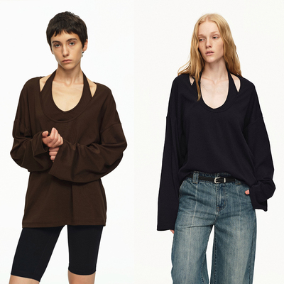 宝蓝/咖啡色真两件套宽松T恤