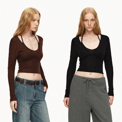 黑/深咖色假两件羊毛混纺T恤