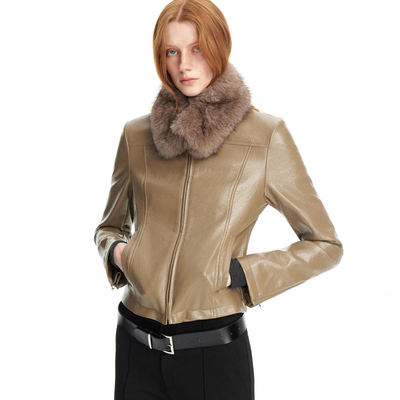 可收腰皮衣短款修身皮夹克