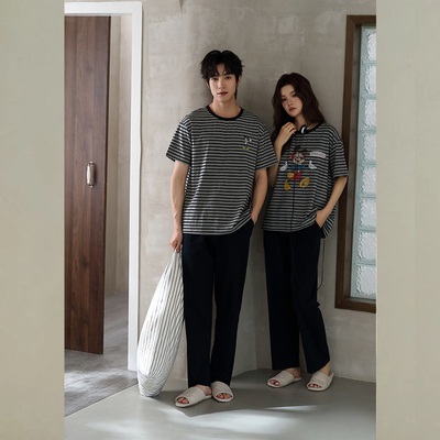 雅巧男22645女22646夏季情侣款短袖长裤条纹丝光纯棉家居服套装