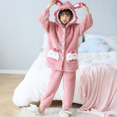 欧卡拉83201秋冬季女童羊羔绒长版连帽家居服套装
