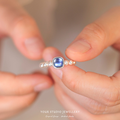 Aquamarine方形天然海蓝宝施家珍珠戒指S925纯银戒子正品有弹力女