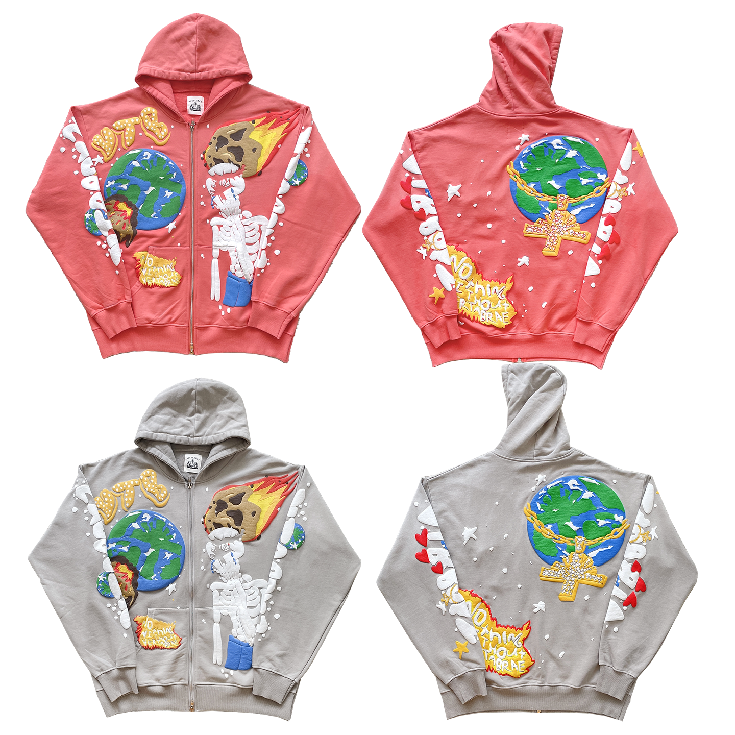 VERTABRAE COSMIC ZIP UP HOODIE 地球骷髅陨石发泡印花连帽卫衣