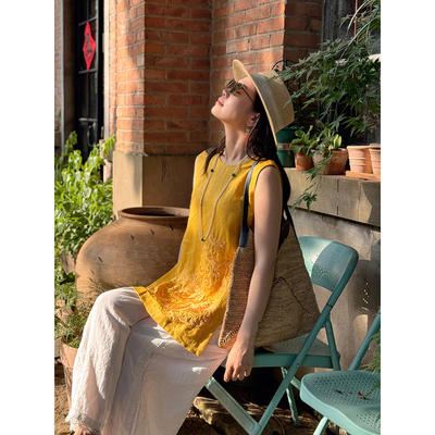 亚麻透气重工牡丹刺绣贵气马甲