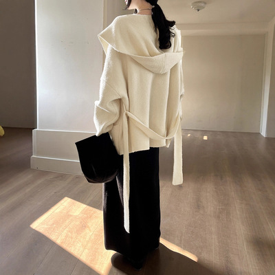 冬连帽斗篷系带针织慵懒显瘦外套女ZA3096
