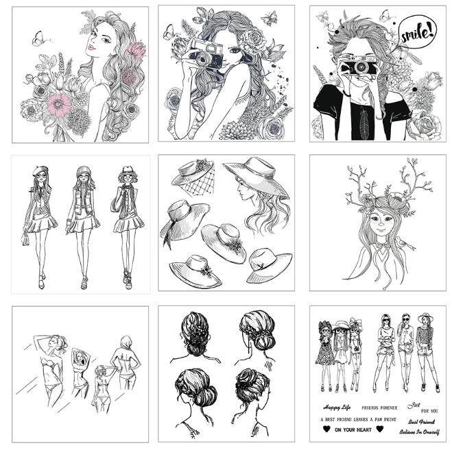 原创DIY唯美女孩系列硅胶透明印章手帐相册手工创意女孩手绘效果