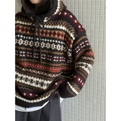 鹿西 复古费尔岛提花连帽套头针织毛衣女秋冬慵懒风软糯毛衣ss945