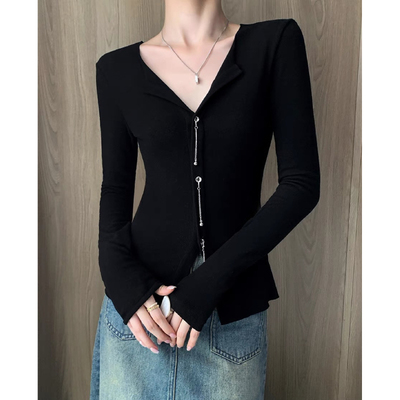 DOUBLE Z 小众设计感银链开叉针织衫女秋洋气修身显瘦v领打底上衣