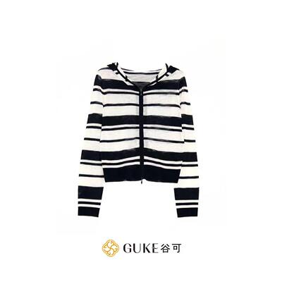 谷可女夏薄款连帽拉链条纹毛衣