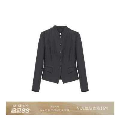 谷可极简立领修身短款黑色西装