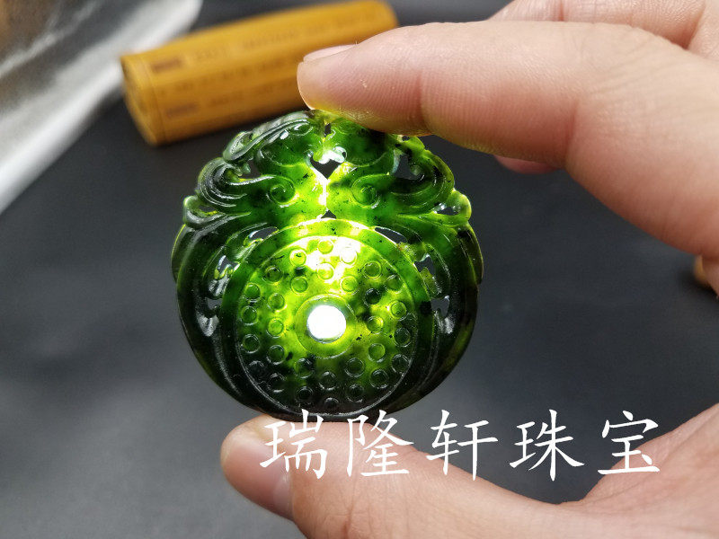 厂家直销天然玉石a货墨玉双凤仿古壁挂件双面雕刻墨绿吊坠玉牌