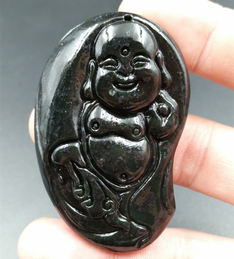 天然玉石a货新疆和田墨玉佛玉挂件仿黑曜石包衣佛玉吊坠玉挂件