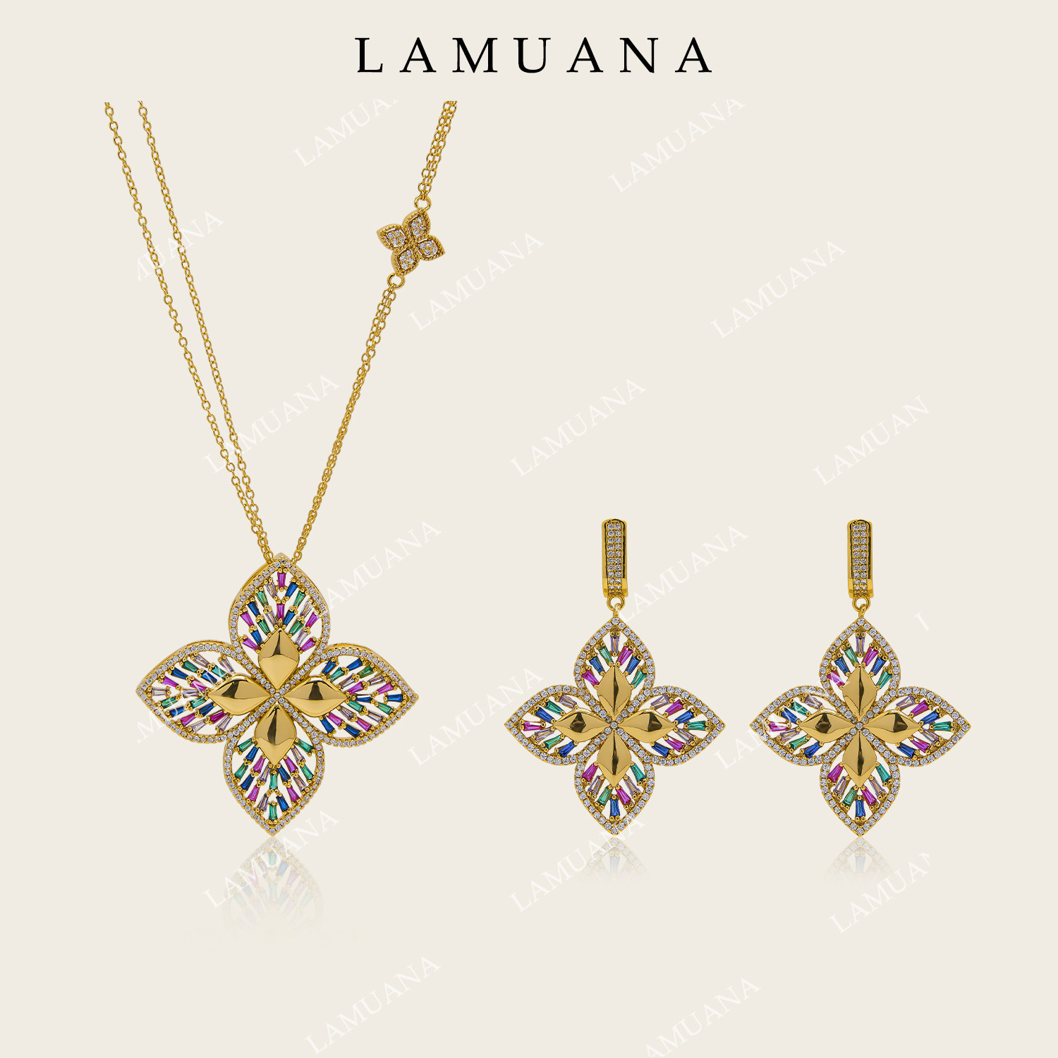 LAMUANA彩虹钻四叶花项链复古宫廷四叶草耳环套装重工轻奢长项链