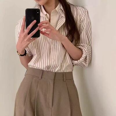 【现货】overtake韩国条纹翻领衬衫经典松弛感宽松长袖单排扣衬衣