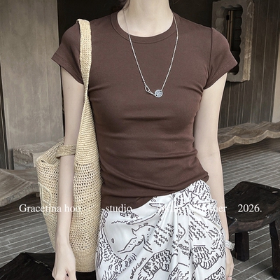 GRACETINA HOO｜法式简约休闲通勤｜圆领小飞袖高弹修身T恤女夏