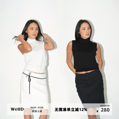WellD 90s时髦时装款 真丝羊毛无袖小高领背心女经典高级百搭上衣