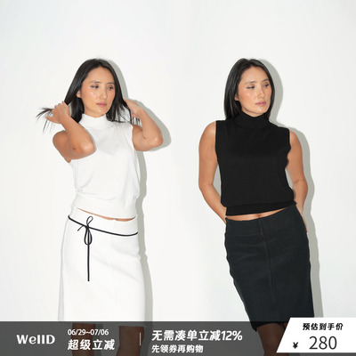 WellD 90s时髦时装款 真丝羊毛无袖小高领背心女经典高级百搭上衣
