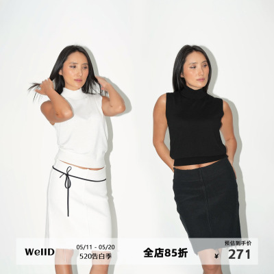 WellD 90s时髦时装款 真丝羊毛无袖小高领背心女经典高级百搭上衣
