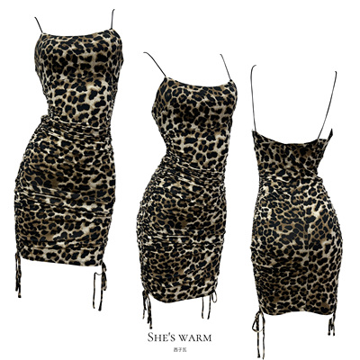 古早野性gyaru日系辣妹QQ秀性感吊带露背抽弹力绳豹纹针织裙