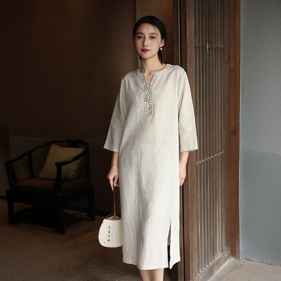 新中式V领九分袖亚麻连衣裙女