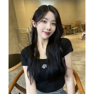 韩国代购Muahmuah 方领字母短袖修身辣妹甜酷T恤女短款上衣简约