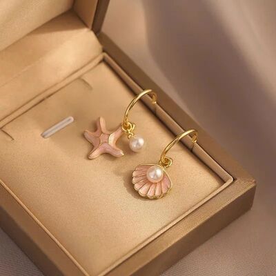 Starfish Shell Stud Earrings for Women Asymmetric Small Cute