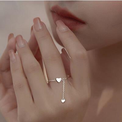 Simple Heart Tassel Adjustable Rings Silver Color Chain Pend