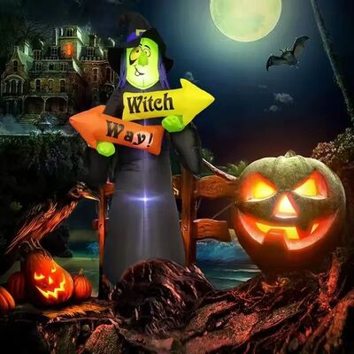 2.4M Large Halloween Inflatable Witch Holding the Road Sign