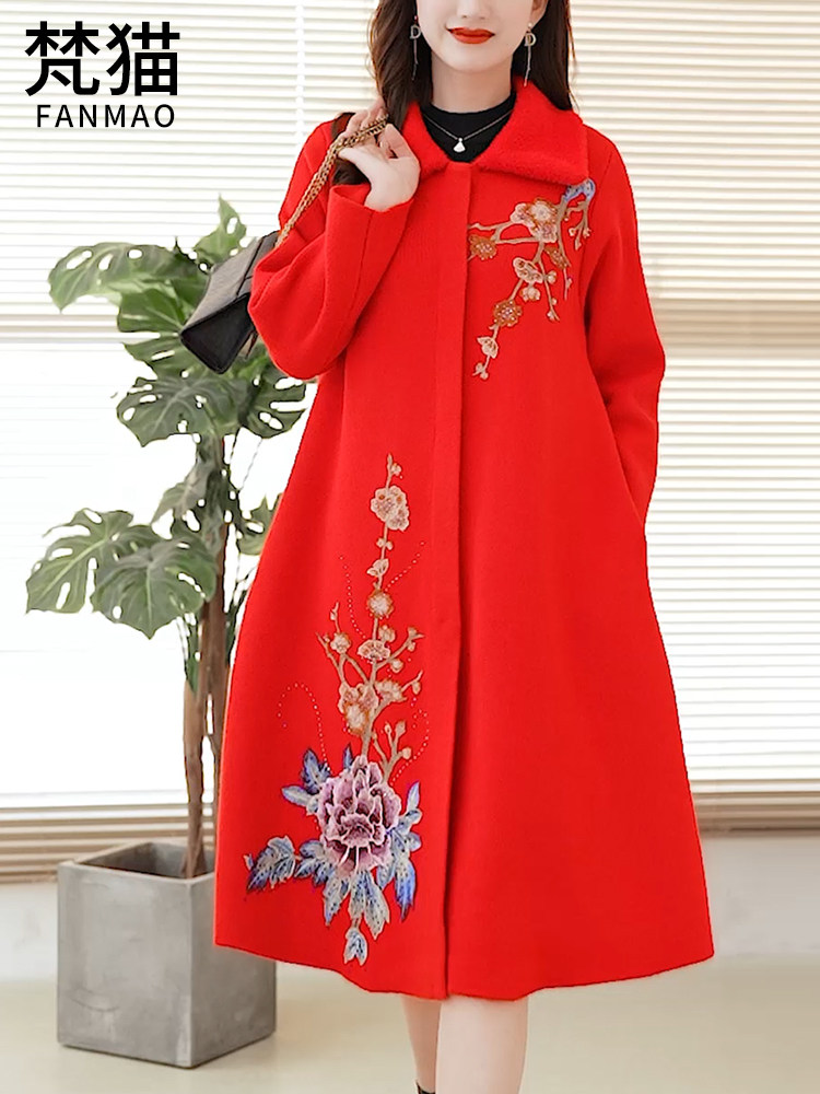 高端红色双面加绒大衣女2023秋冬新款毛呢外套中长款刺绣喜婆婚装