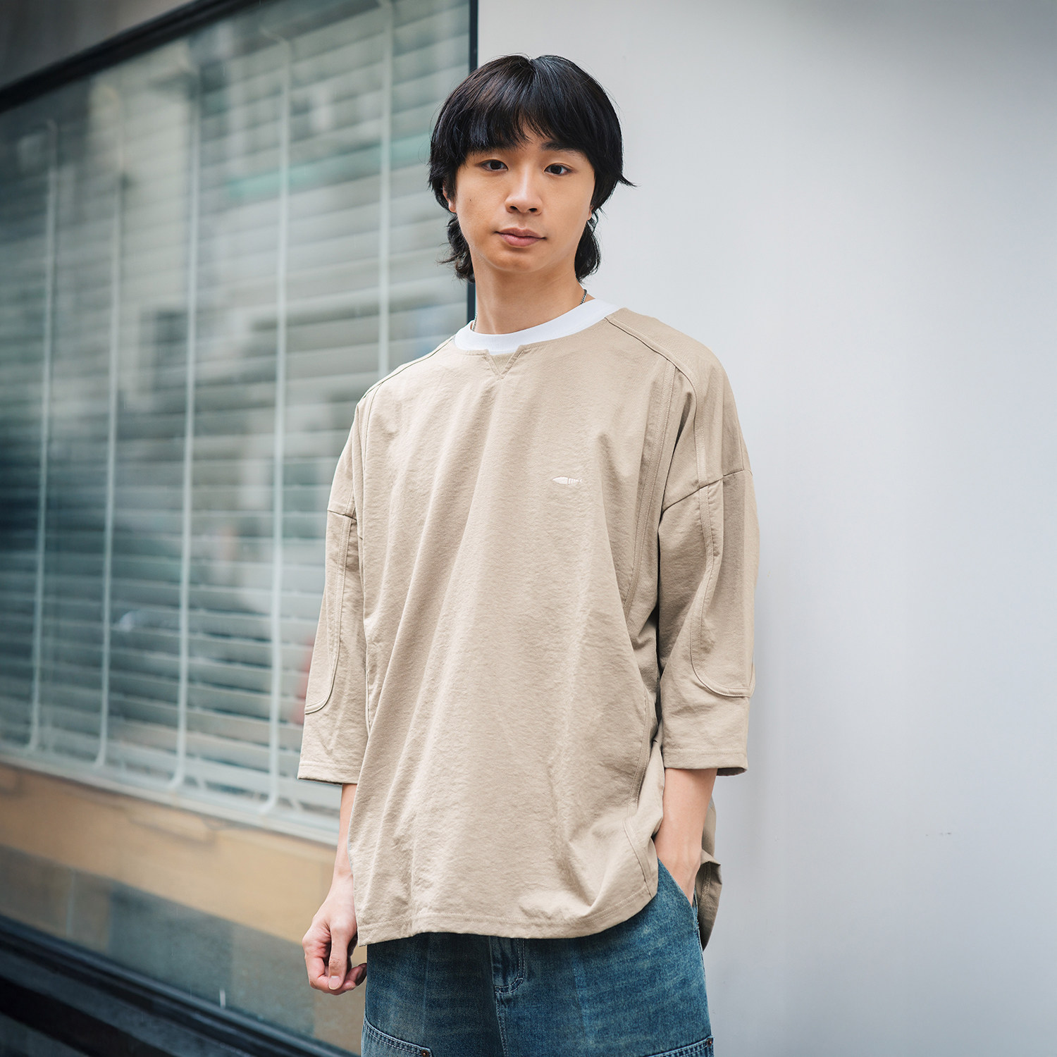 adlib香港 男士夏季七分袖开领短衫脚开叉设计宽松短袖Tee TP1585