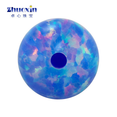 圆珠半孔蓝色红彩欧泊石欧珀裸石 球形打孔珠子人造合成澳宝OP74