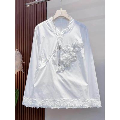 中式大码女装新款2026宽松新春季减龄上衣拼接百搭打底衫长袖衬衫