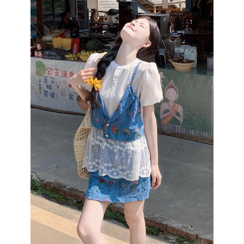 多巴胺绝美穿搭时尚套装女2025夏季新款森系小众时尚显瘦印花裙子