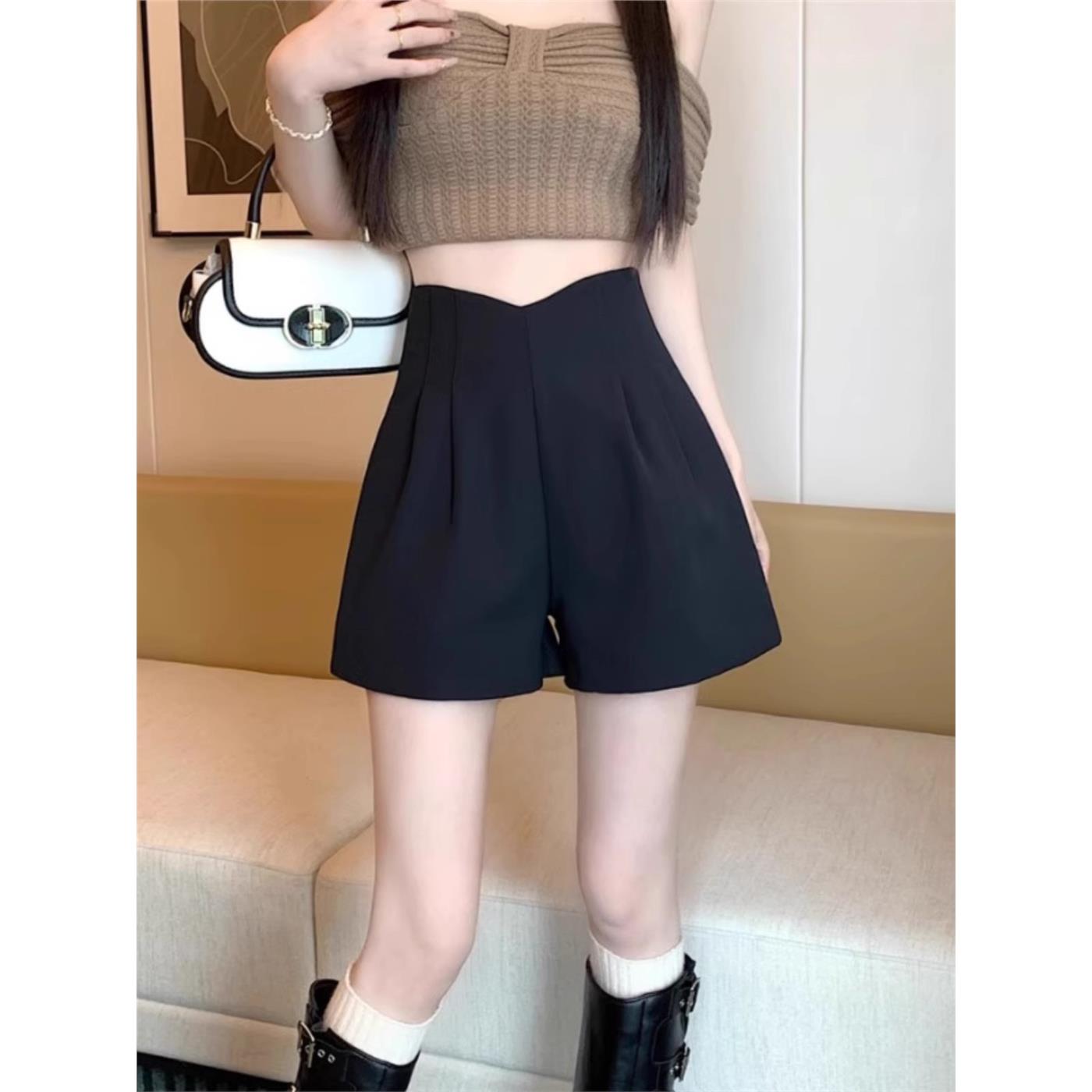 黑色休闲裤女时尚百搭韩版A字版显瘦阔腿高腰短裤小个子宽松大码
