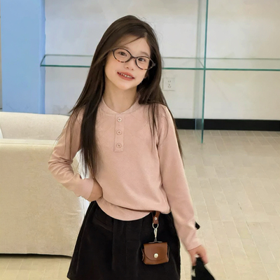 女童韩系简约老钱风亨利纽扣打底衫2026新款纯色儿童百搭上衣