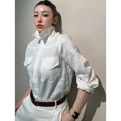 欧洲站2026春夏hav欧货 高领单排扣长袖衬衫+腰带半身裙 亚麻套装