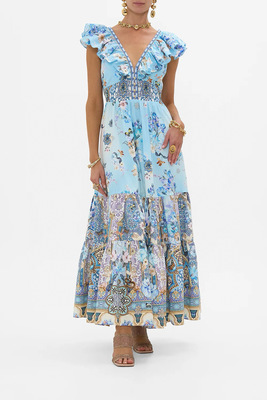 2026春夏新款印花真丝度假V领仙女蓝花荷叶边背带连衣裙