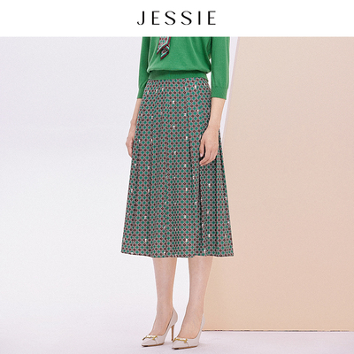 JESSIE复古印花中长款百褶半身裙