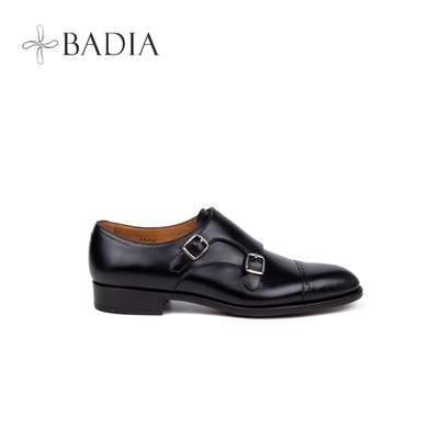 新款男士黑色头层小牛皮双扣鞋