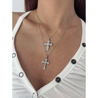 atmshop高级辣妹超闪镶嵌银色十字架项链百搭时髦纯欲叠戴锁骨链